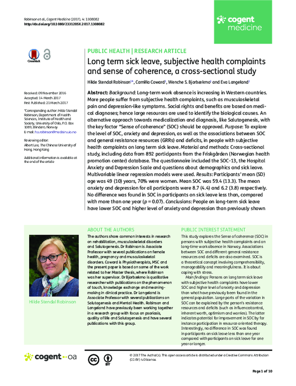 (PDF) Long term sick leave, subjective health complaints and sense of ...