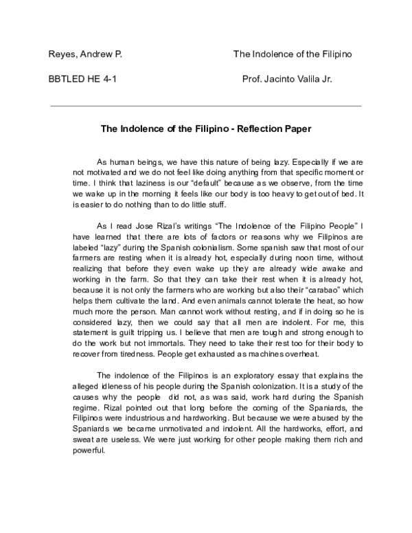 (PDF) Reflection Paper - The Indolence of The Filipino
