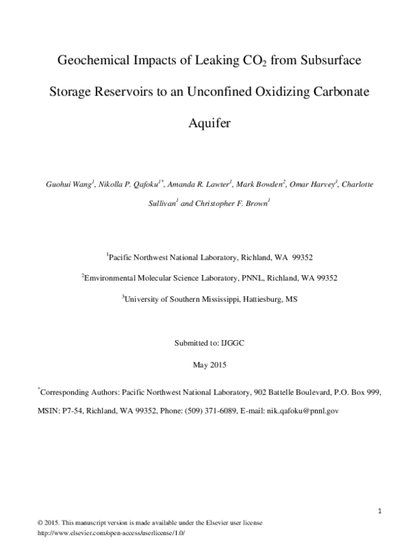 Pdf Geochemical Impacts Of Leaking Co2 From Subsurface Storage Reservoirs To An Unconfined