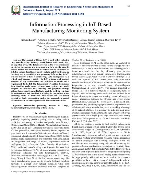 (PDF) Information Processing in IoT Based Manufacturing Monitoring System