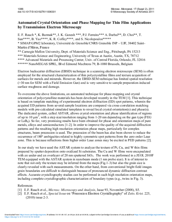 Pdf Automated Crystal Orientation And Phase Mapping For Thin Film Applications By Transmission