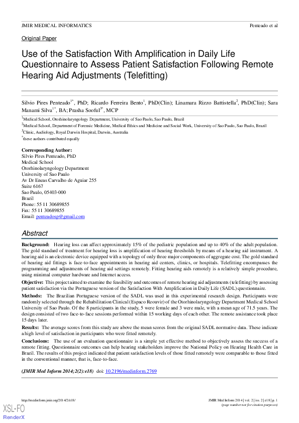 (PDF) Use of the Satisfaction With Amplification in Daily Life ...