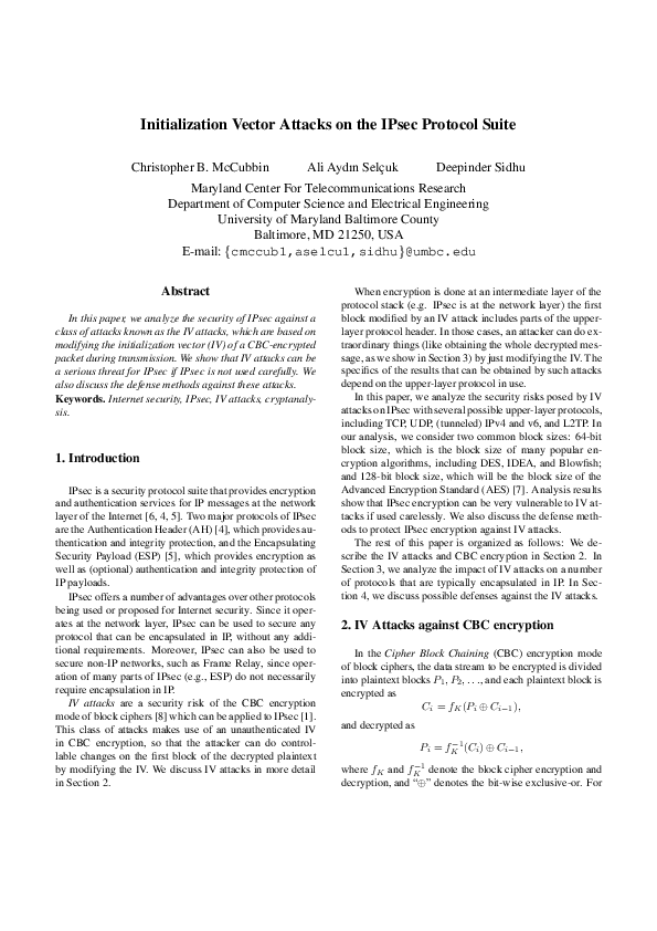 Pdf Initialization Vector Attacks On The Ipsec Protocol Suite