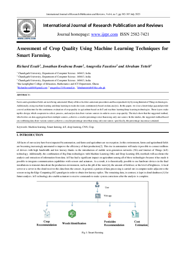 (PDF) Assessment of Crop Quality Using Machine Learning Techniques for Smart Farming.