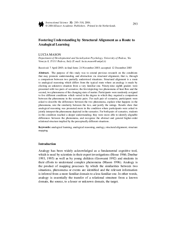(PDF) Fostering Understanding by Structural Alignment as a Route to ...