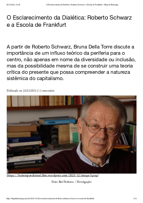 (PDF) O Esclarecimento da Dialética Roberto Schwarz e a Escola de ...