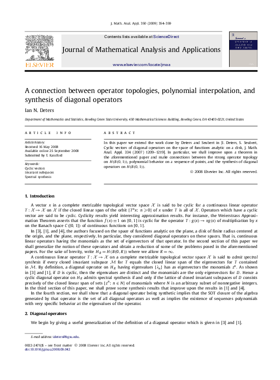 Pdf A Connection Between Operator Topologies Polynomial Interpolation And Synthesis Of