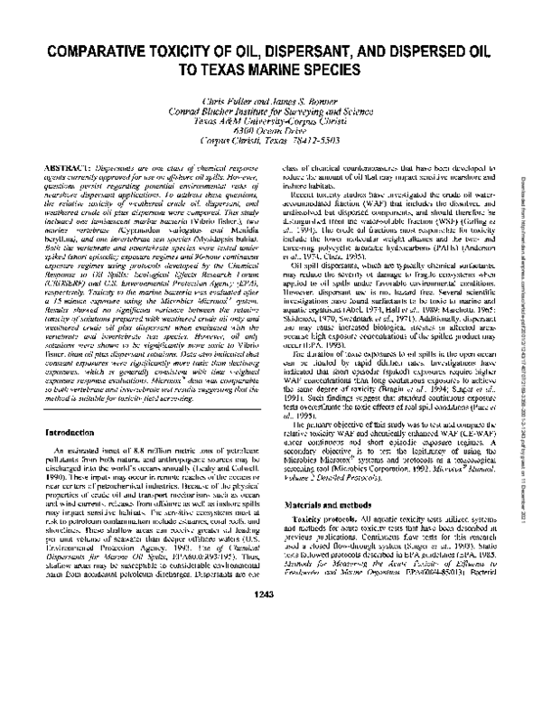 (PDF) Comparative Toxicity of Oil, Dispersant, and Dispersed Oil to ...