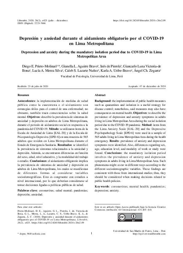 (PDF) Depresión y ansiedad durante el aislamiento obligatorio por el ...