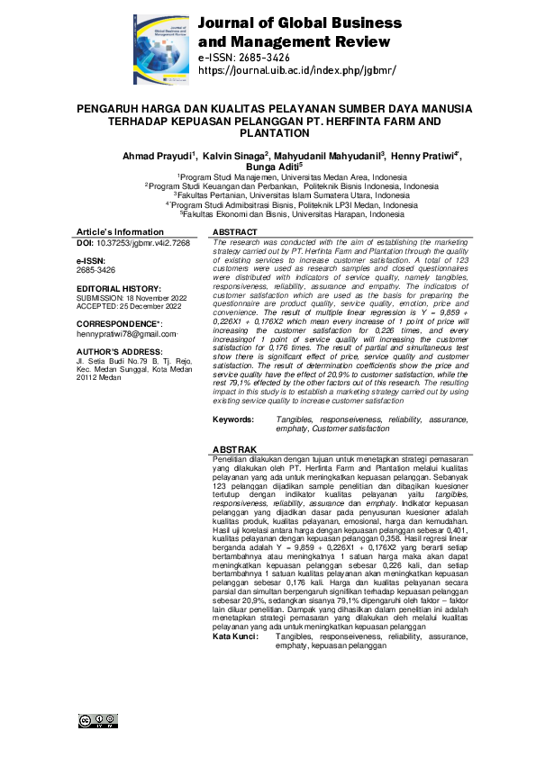 (PDF) Pengaruh Harga Dan Kualitas Pelayanan Sumber Daya Manusia Terhadap Kepuasan Pelanggan Pt ...