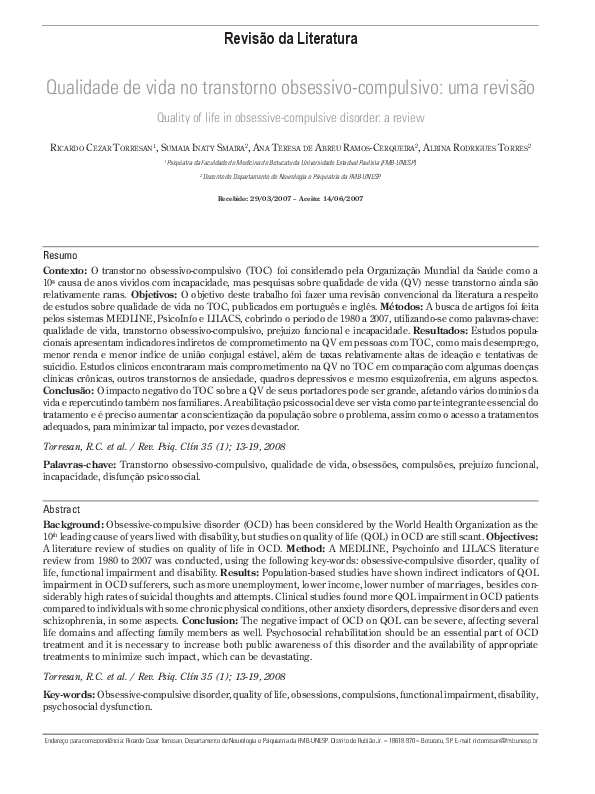 (PDF) Quality of life in obsessive-compulsive disorder: a review