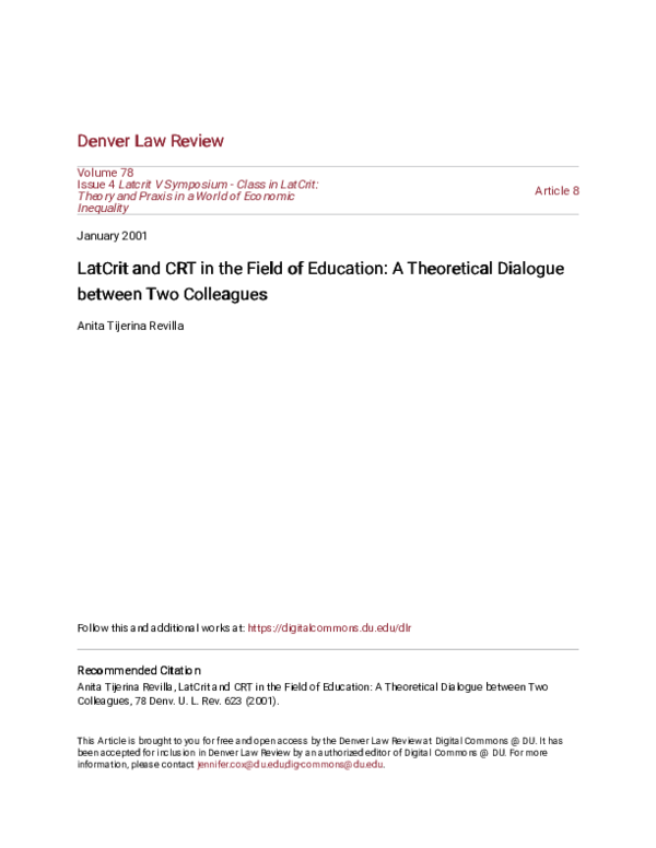 (PDF) LatCrit and CRT in the Field of Education: A Theoretical Dialogue ...