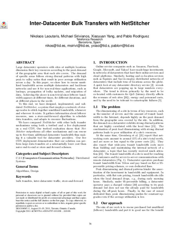 (PDF) Inter-datacenter bulk transfers with netstitcher