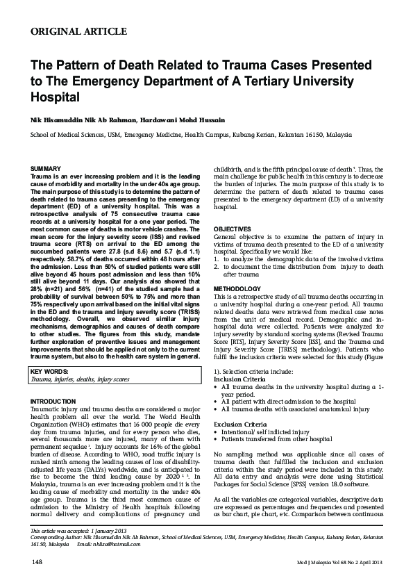 (PDF) The pattern of death related to trauma cases presented to the ...