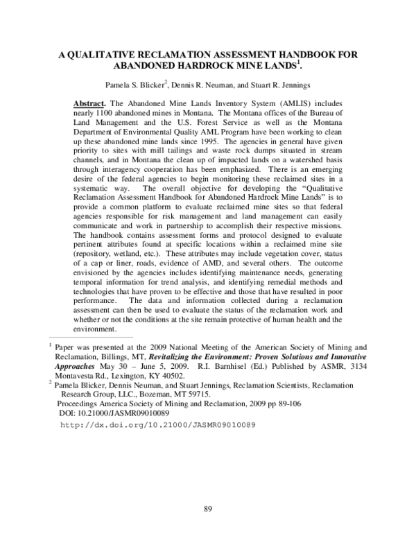 (PDF) A Qualitative Reclamation Assessment Handbook for Abandoned ...