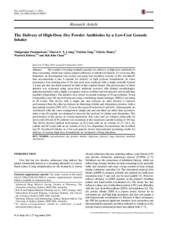 (PDF) The Delivery of High-Dose Dry Powder Antibiotics by a Low-Cost ...