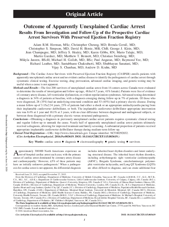 (PDF) Outcome of Apparently Unexplained Cardiac Arrest | Martin Gardner ...