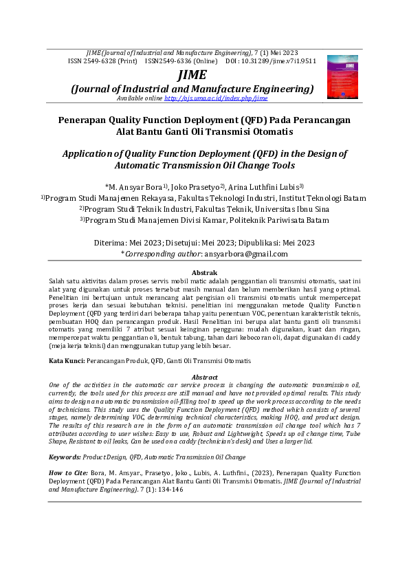 (PDF) Penerapan Quality Function Deployment (QFD) Pada Perancangan Alat Bantu Ganti Oli ...