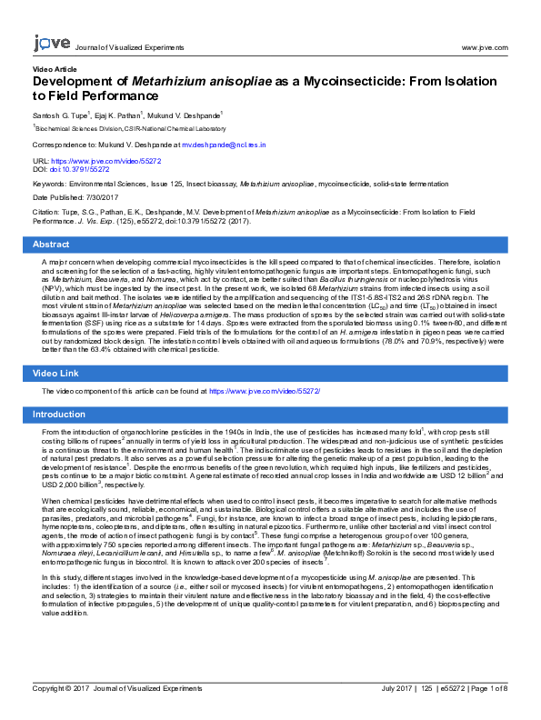 (PDF) Development of Metarhizium anisopliae as a Mycoinsecticide: From ...