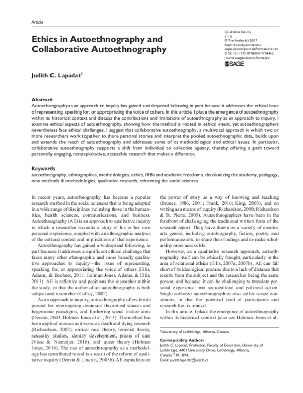 Pdf Ethics In Autoethnography And Collaborative Autoethnography