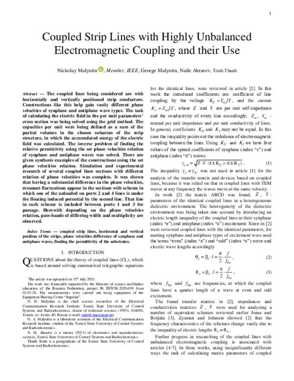 (PDF) Coupled Strip Lines with Highly Unbalanced Electromagnetic ...