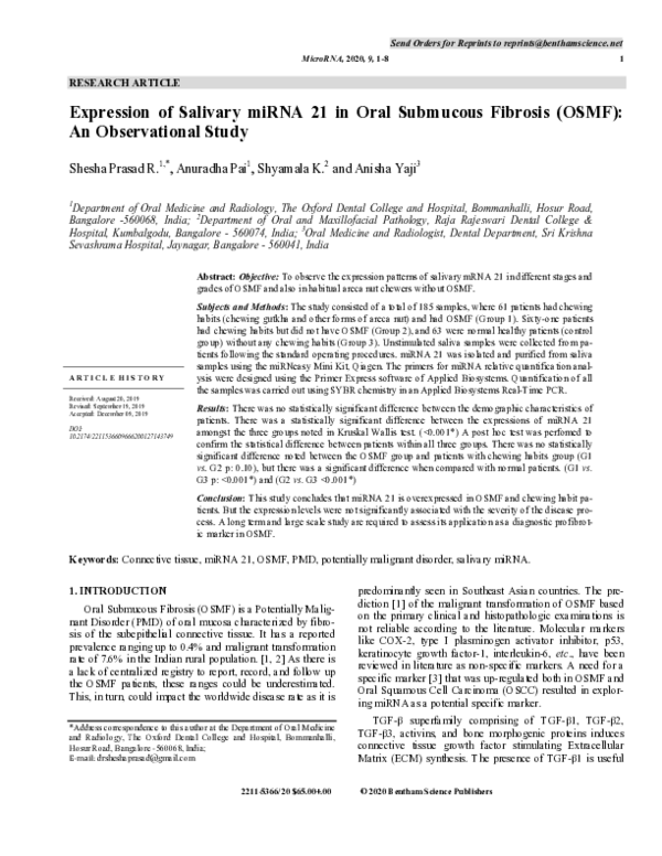 (PDF) Expression of Salivary miRNA 21 in Oral Submucous Fibrosis (OSMF): An Observational Study ...