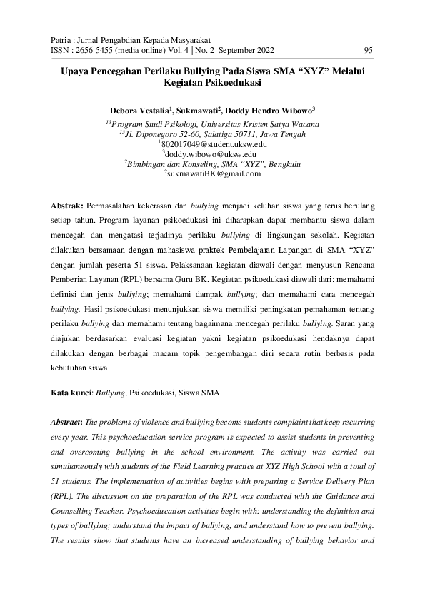 (PDF) Upaya Pencegahan Perilaku Bullying Pada Siswa SMA “XYZ” Melalui Kegiatan Psikoedukasi