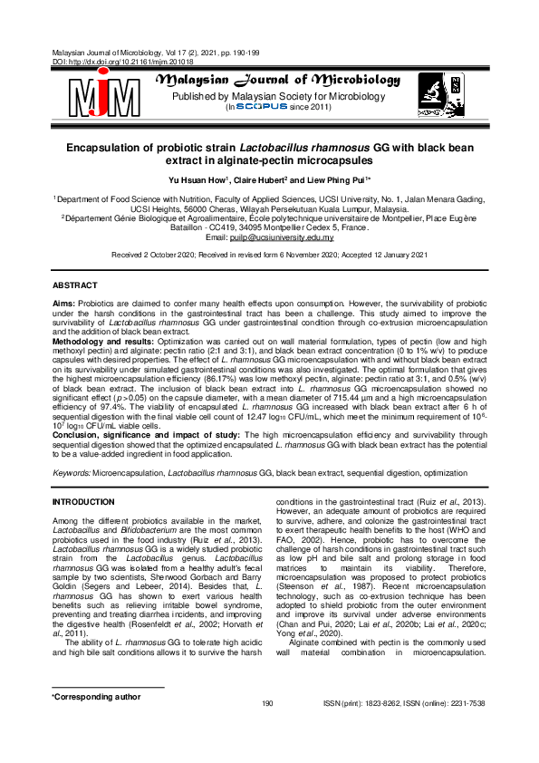 (PDF) Encapsulation of probiotic strain Lactobacillus rhamnosus GG with ...