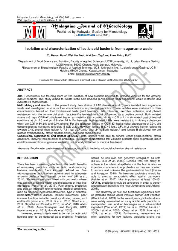 (PDF) Isolation and characterization of lactic acid bacteria from sugarcane waste | Yu Hsuan How ...