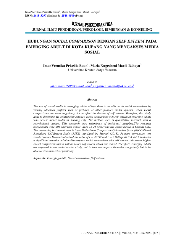 (PDF) Hubungan Social Comparison Dengan Self Esteem Dewasa Awal DI Kota Kupang Yang Mengakses ...