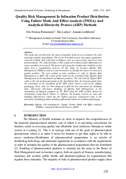 (PDF) Quality Risk Management in Infusation Product Distribution Using Failure Mode and Effect ...