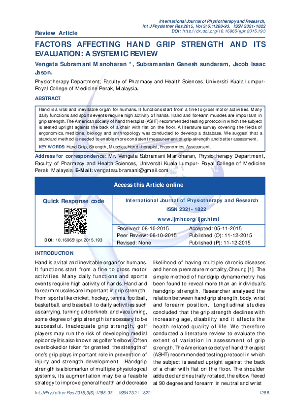 (PDF) Factors Affecting Hand Grip Strength and Its Evaluation: A ...