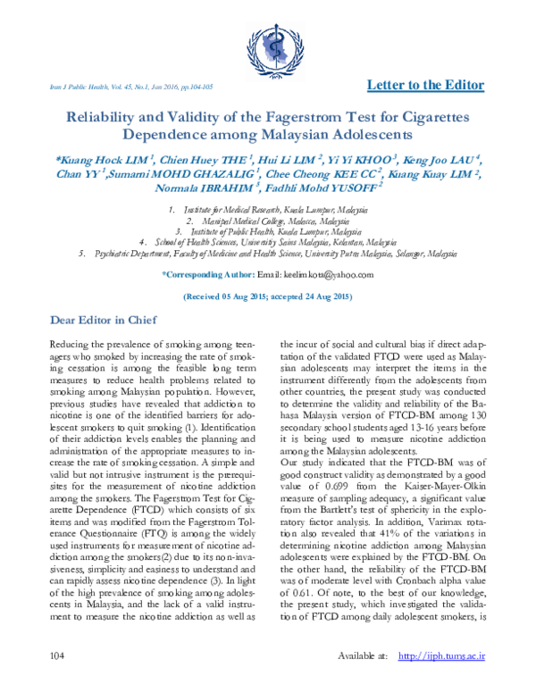(PDF) Letter to the Editor: Reliability and Validity of the Fagerstrom ...