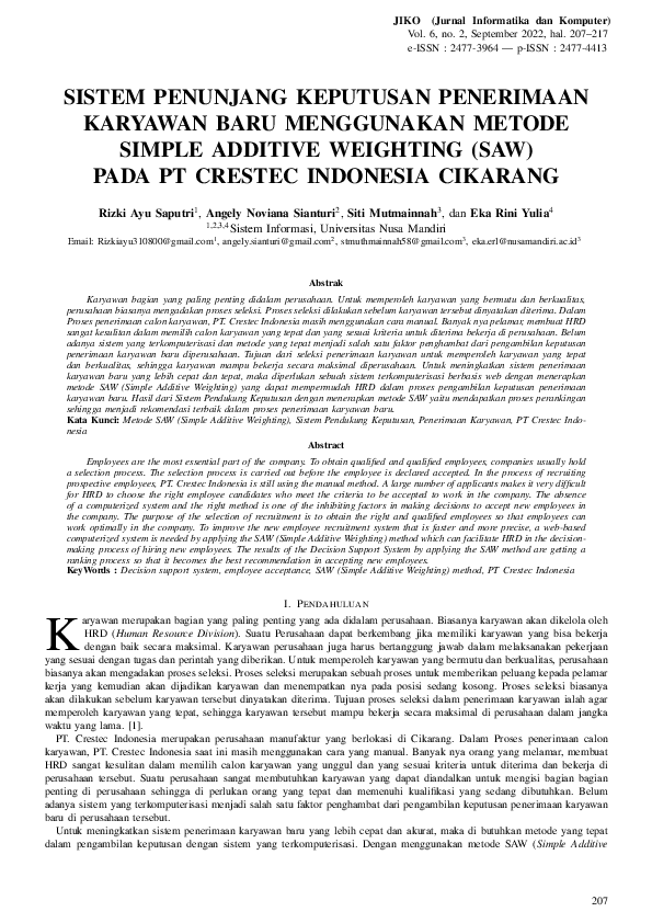 (PDF) Sistem Penunjang Keputusan Penerimaan Karyawan Baru Menggunakan Metode Simple Additive ...