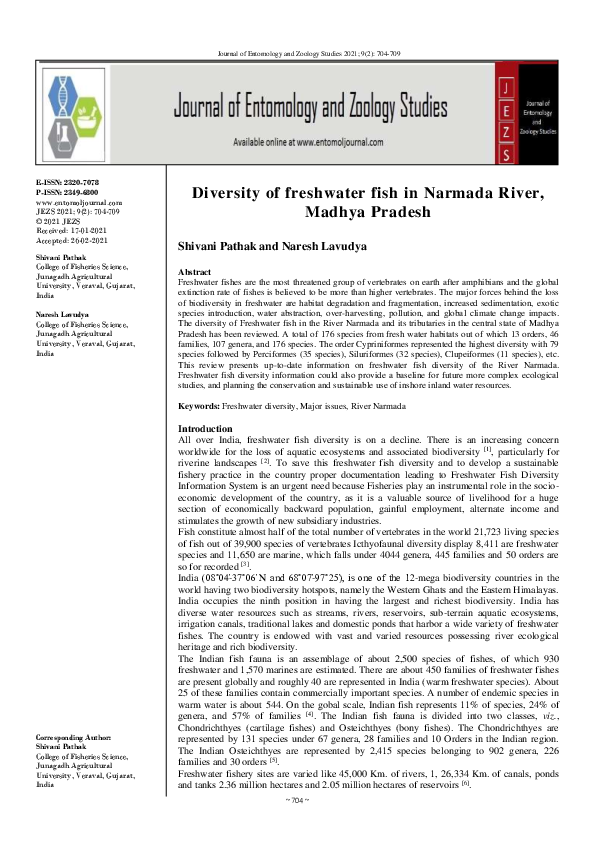 (PDF) Diversity of freshwater fish in Narmada River, Madhya Pradesh