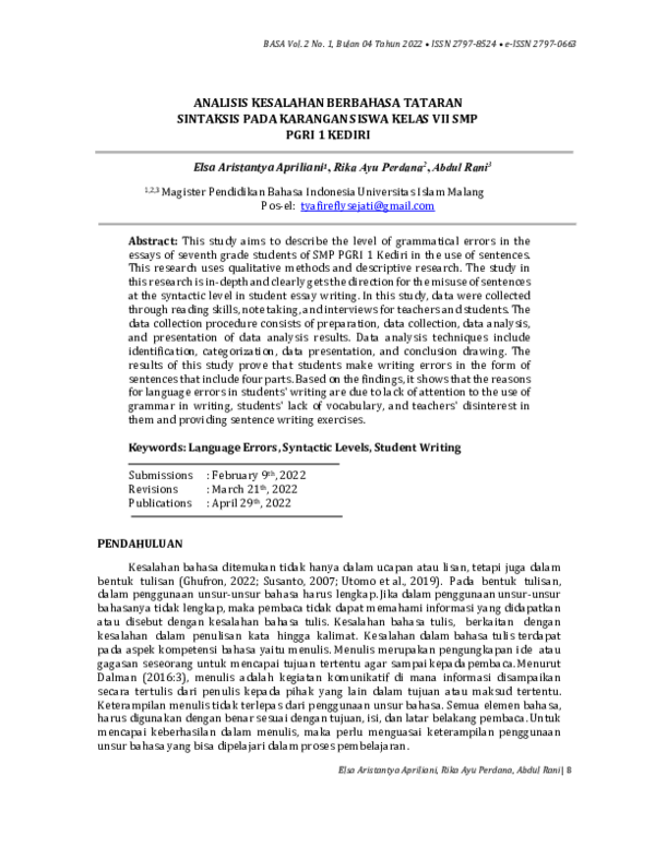 (PDF) Analisis Kesalahan Berbahasa Tataran Sintaksis Pada Karangan Siswa Kelas VII SMP Pgri 1 Kediri