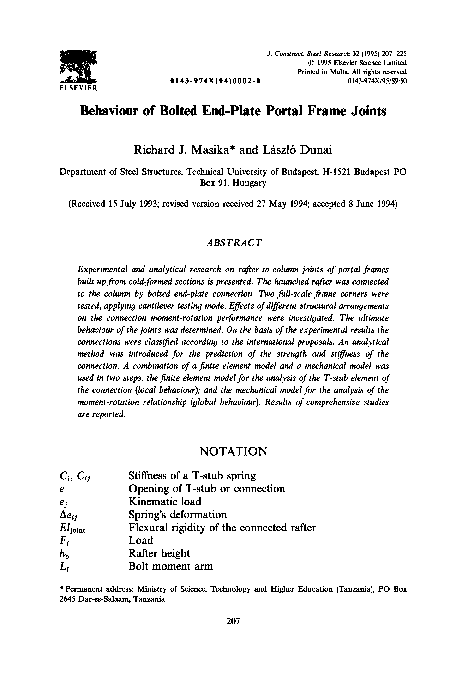 (PDF) Behaviour of bolted end-plate portal frame joints