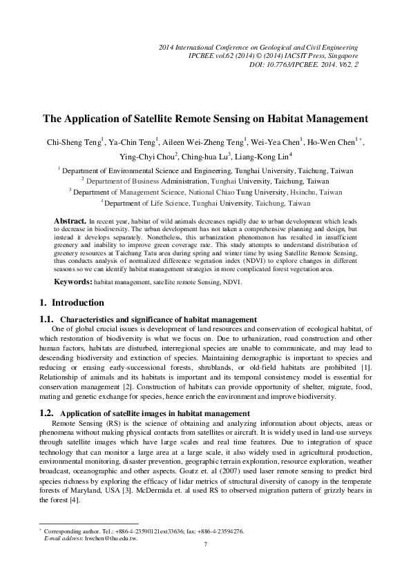 (PDF) The Application of Satellite Remote Sensing on Habitat Management