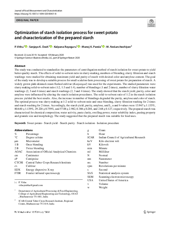 (PDF) Optimization of starch isolation process for sweet potato and characterization of the ...