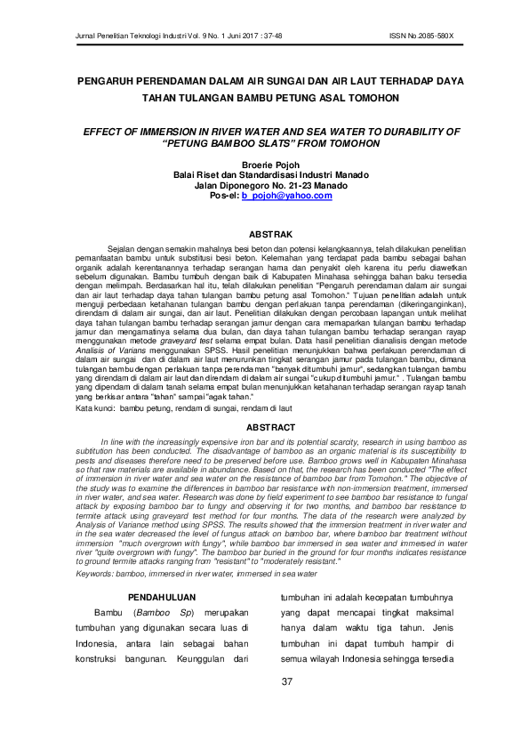 (PDF) Pengaruh Perendaman Dalam Air Sungai Dan Air Laut Terhadap Daya Tahan Tulangan Bambu ...