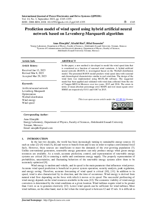(PDF) Prediction model of wind speed using hybrid artificial neural network based on Levenberg ...