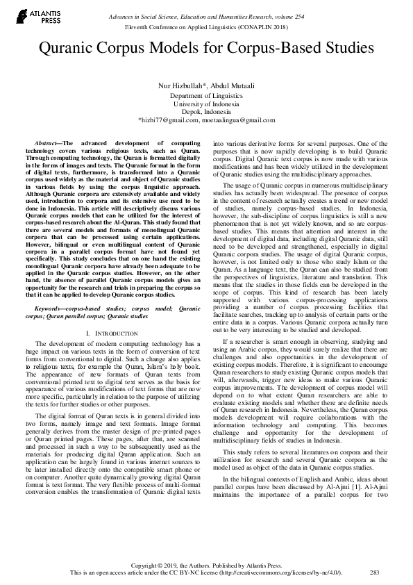 (PDF) Quranic Corpus Models for Corpus-Based Studies