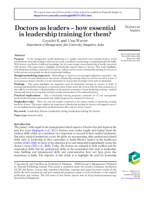 (PDF) Doctors as leaders – how essential is leadership training for them?