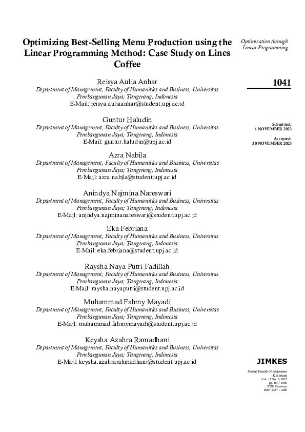 (PDF) Optimizing Best-Selling Menu Production using the Linear Programming Method: Case Study on ...