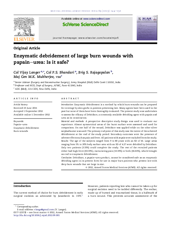 (PDF) Enzymatic debridement of large burn wounds with papain–urea: Is it safe?