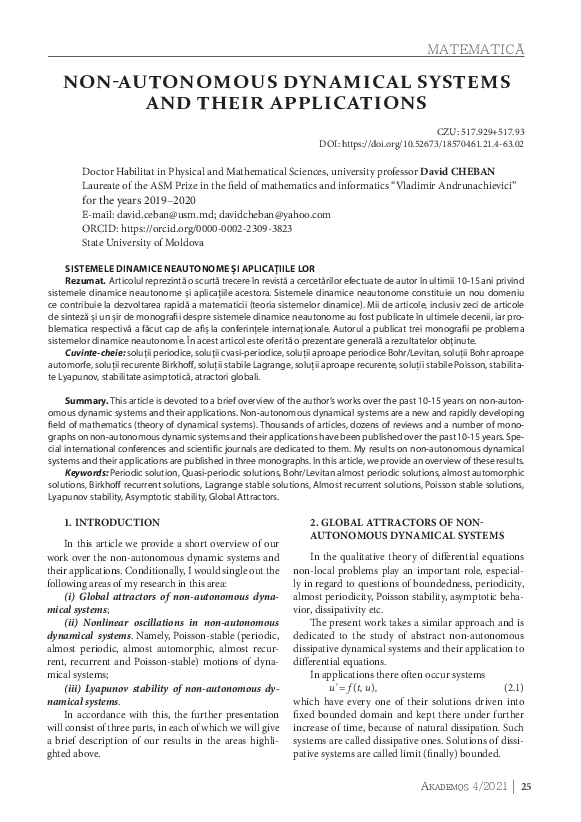 (PDF) Non-autonomous dynamical systems and their applications