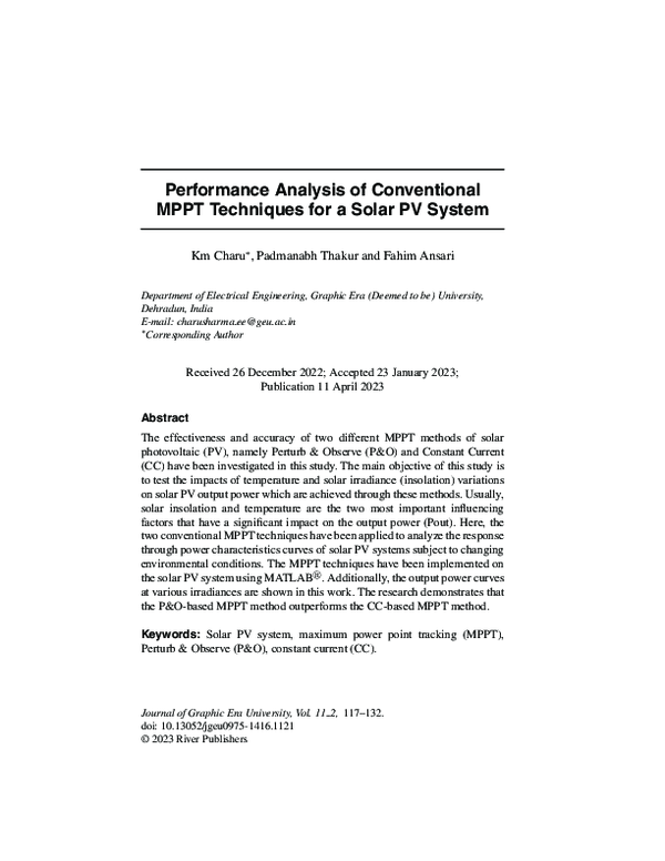 (PDF) Performance Analysis of Conventional MPPT Techniques for a Solar PV System