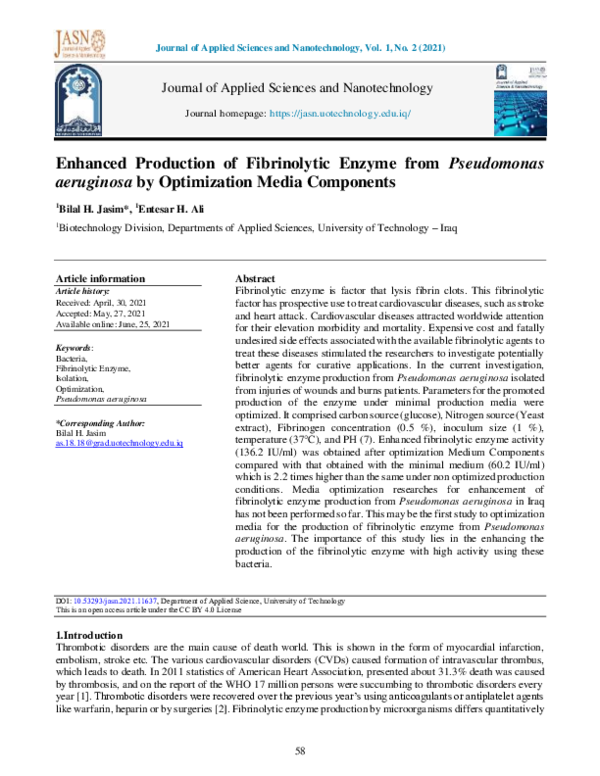 (PDF) Enhanced Production of Fibrinolytic Enzyme from Pseudomonas aeruginosa by Optimization ...