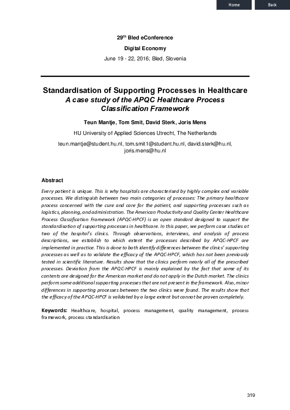 (PDF) Standardisation of Supporting Processes in Healthcare : A case ...