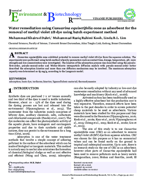 (PDF) Water remediation using Casuarina equisetifolia cone as adsorbent for the removal of ...
